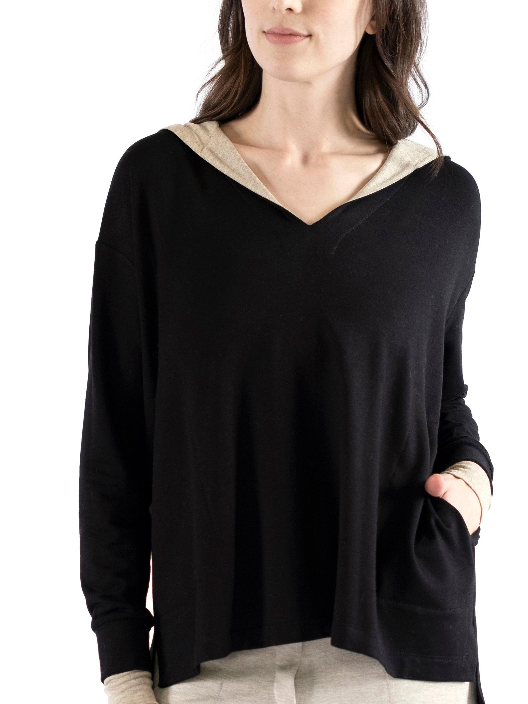 Emma Notched V-Neck Hooded Pullover – Capote